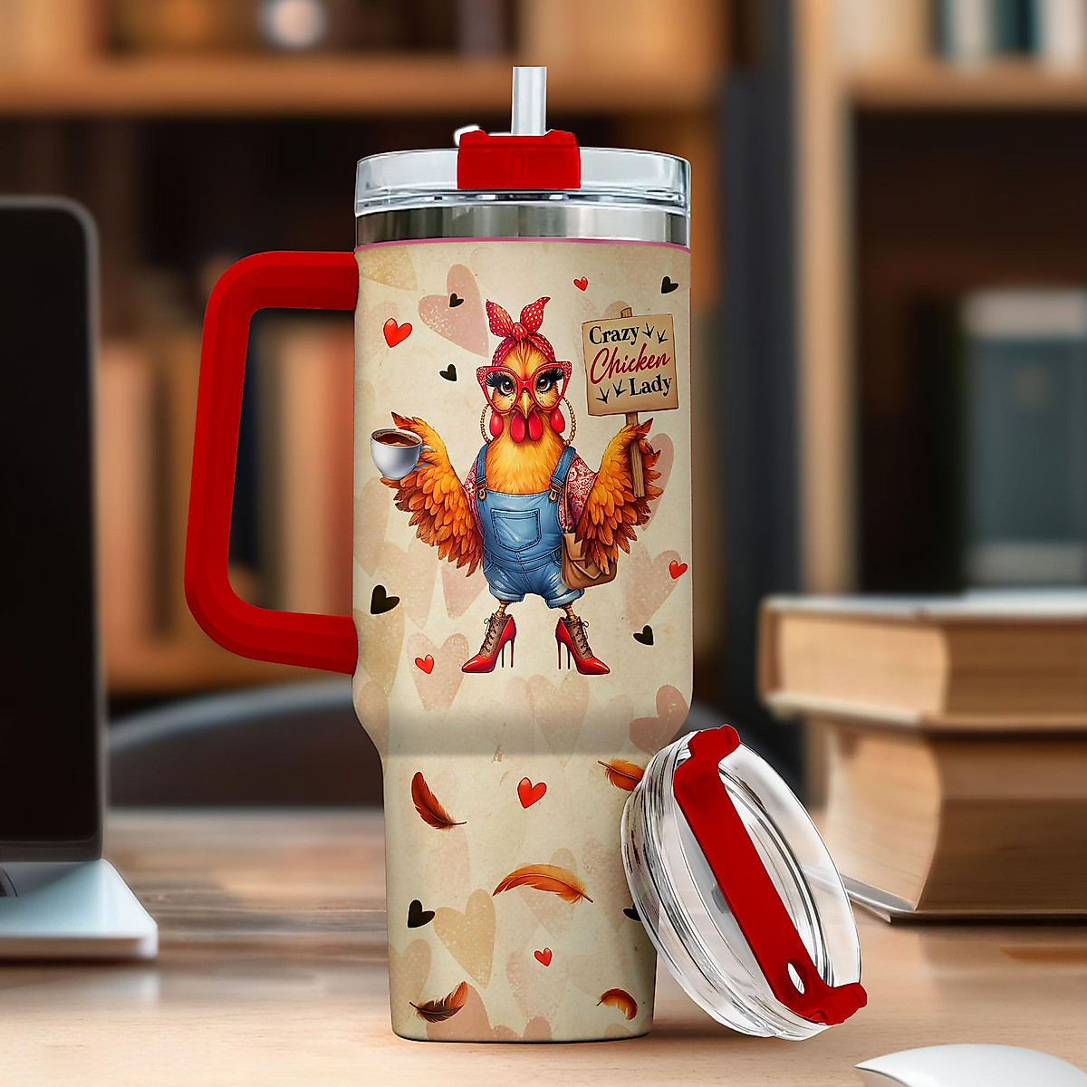 99OWL Crazy Chicken Lady Coffee Color, Tumbler 40 Oz With Handle Lid And Straw, Chicken Gifts, Lovers Handle Boss Red Swig For Modern Women Brown Tumblers Breed Spring Simple Funny