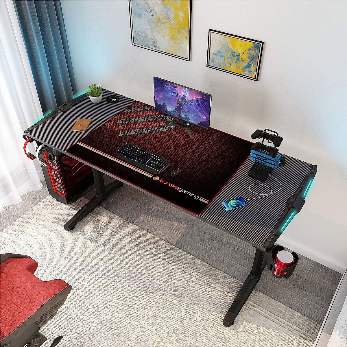 DESIGNA 55 Inch Gaming Desk with Led Lights, RGB Large Gaming Computer Desk with Free Mouse Pad,PC Gaming Table Gamer Desk Workstation with USB Handle Rack, Cup Holder,Headphone Hook, Black