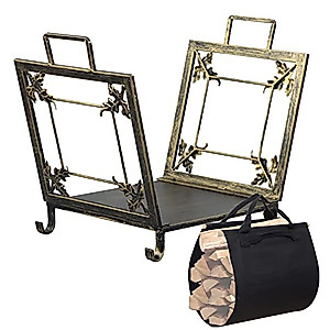 FEED GARDEN 21 Inch Firewood Rack Indoor with Canvas Log Carrier,Small Fire Wood Holder for Outdoor Wood Storage,Heavy Duty Iron Fireplace Log Holder,Bronze