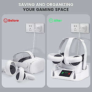 Charging Dock for Meta Quest 2,VR Charging Station for Oculus Quest 2 Touch Controller and VR Headset with 2 Rechargeable Batteries and USB-C Charger,Support Elite Strap (not for Quest 3)
