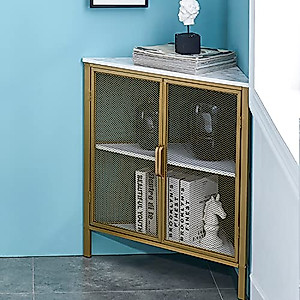 VECELO Corner Cabinet Table with 3-Tier Shelf, Freestanding Storage Organizer for Small Space in Living Room/Bedroom/Kitchen, Two Doors, Gold