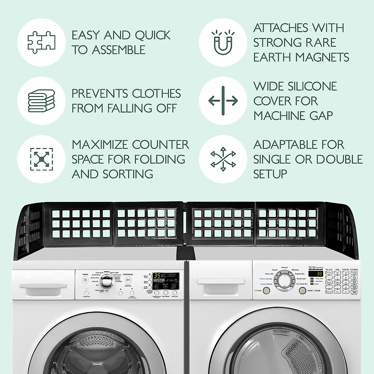 ELTOW Laundry Guard with Silicone Gap Cover, Magnetic Fence for Washer/Dryer to Keep Clothes from Falling Behind, with 8 Strong Magnets, Laundry Room Accessories, Fits Most Washers (Black)