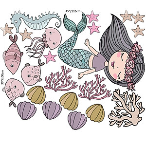 Murwall Mermaid Ariel Wall Decal Underwater Princess Peel and Stick Starfish Removable Sticker Girls Bedroom Colorful Seaweed Wall Print Seahorse Seashell Octopus Wall Sticker Baby Rooms