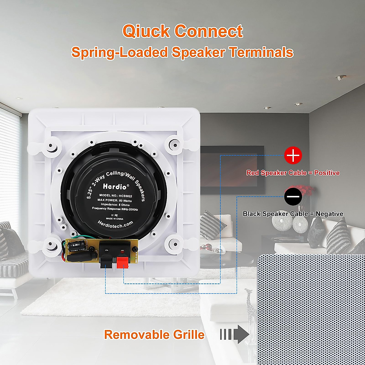 Herdio Bluetooth Ceiling Speakers 5.25 Inch 25 Watts in Wall Speakers Flush Mount Perfect for Indoor/Outdoor Placement, Bedroom, Kitchen, Covered Porches(A Pair, Paintable-Grille)