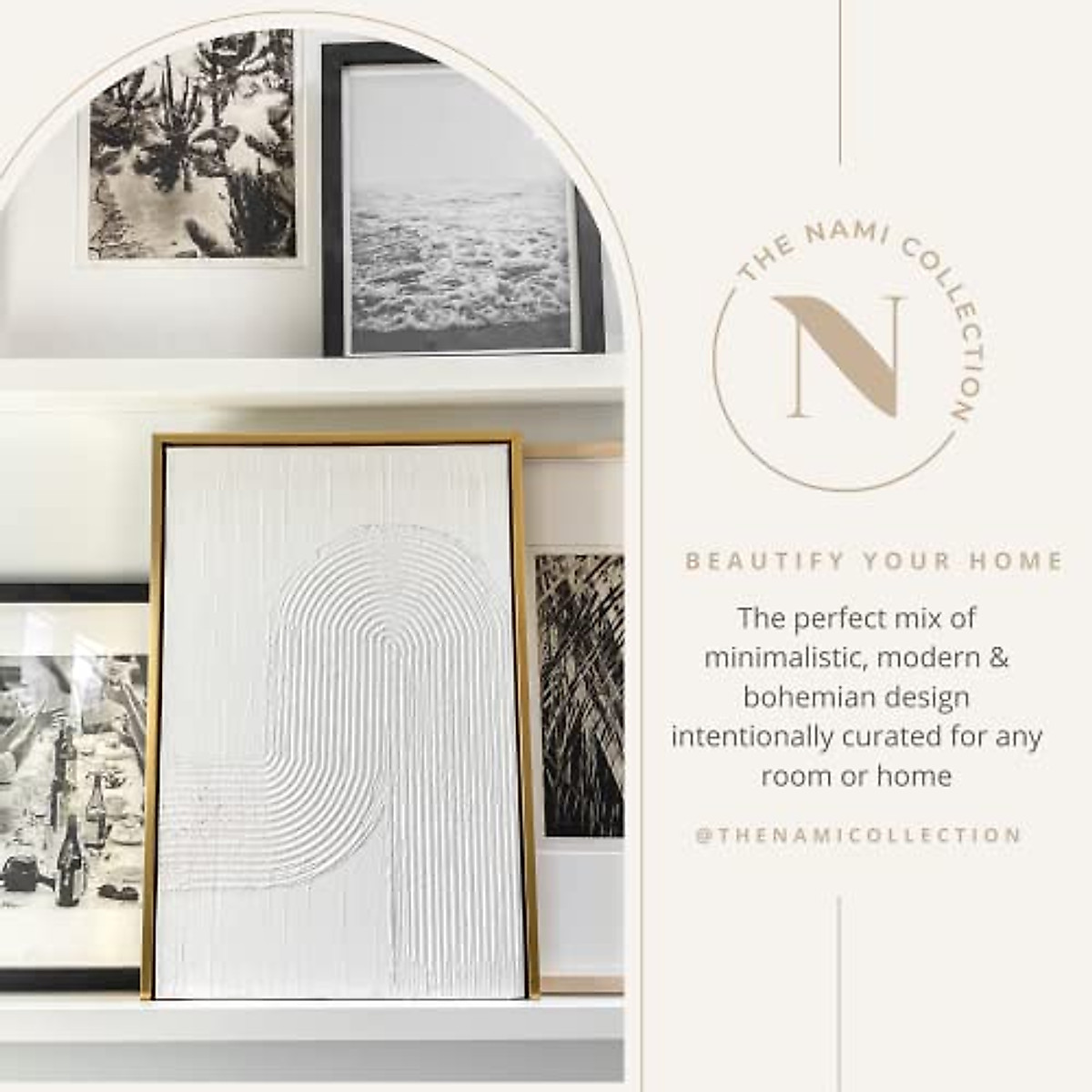 TheNamiCollection Framed plaster wall art - white textured 3D painting with gold frame | Aesthetic wall art decor for the modern, boho home | A white textured arch canvas perfect for any room decor