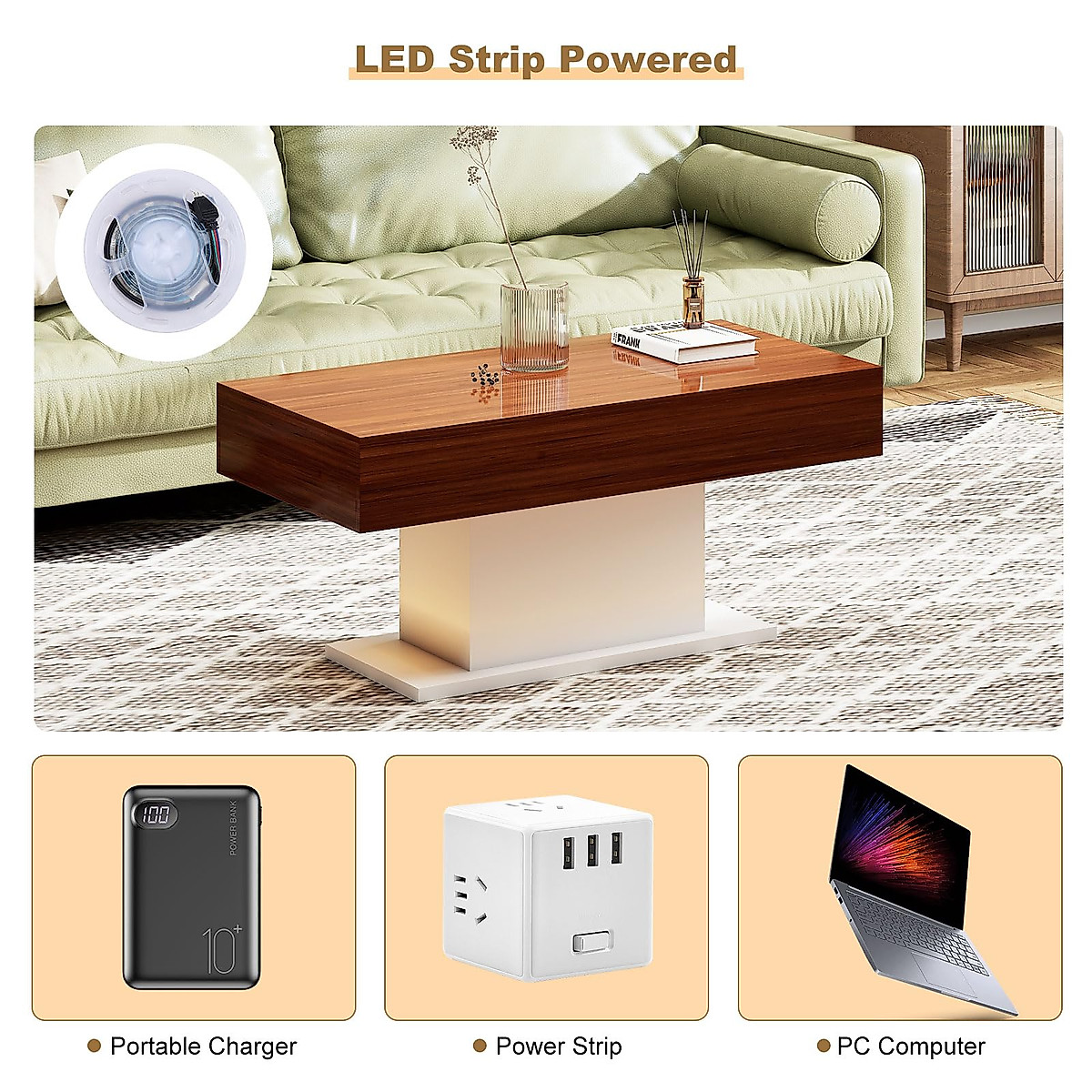 LED Coffee Table for Living Room, Modern High Glossy Coffee Table with 16 Colors LED Lights, Smart Cocktail Table Rectangle, Wooden Living Room Table (Natural)