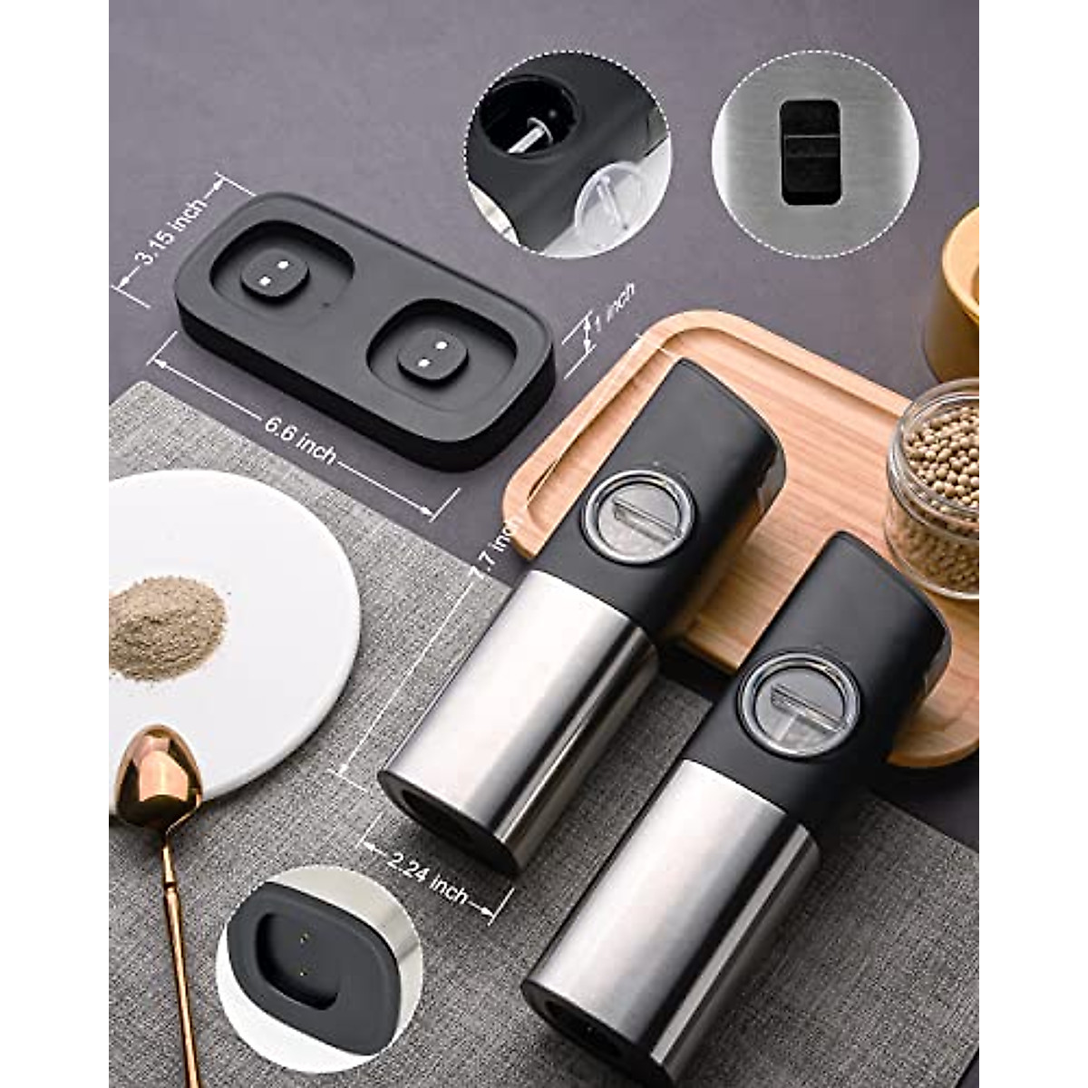 SENZER Gravity Electric Salt and Pepper Grinder Set, Automatic Pepper Mill Refillable Spice Grinder with LED Light Charging Base for Kitchen 2 Pack