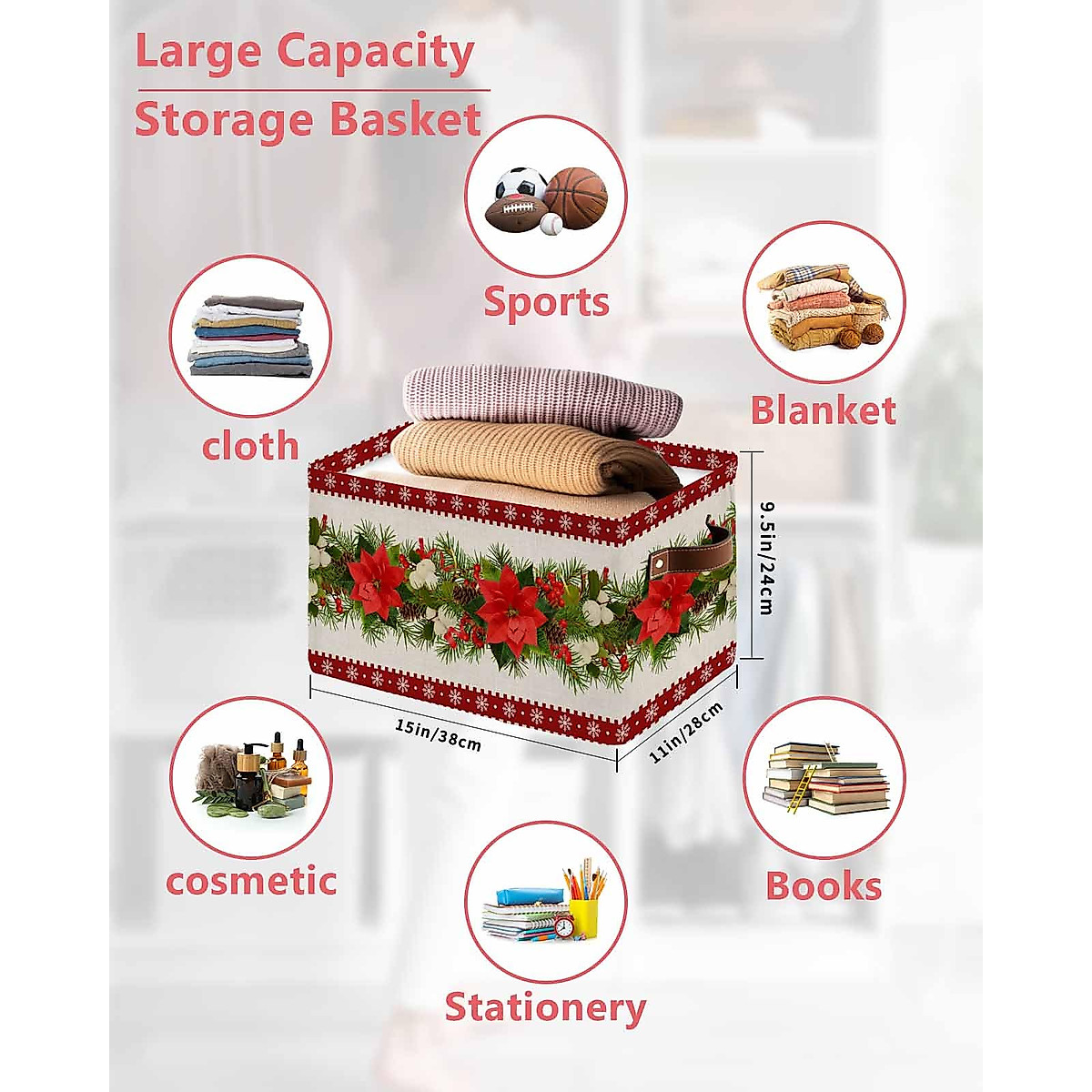 Anzona Christmas Poinsettia Storage Basket for Shelves, Xmas Floral Pine Needles Burlap Storage Cube Fabric Storage Bins, Closet Organizers with Handles for Book, Toys, Cloth, 15"x11"x9.5", 1 Pack