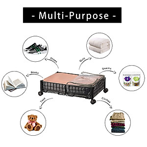 HOUSE AGAIN 2-in-1 Under Bed Clothes Storage with Wheels, Rolling Drawers Shoe Organizer, Underbed Storage Cart, Under-bed Basket with Wheels & Storage Bags, Clear Window, 2 Pack, Black