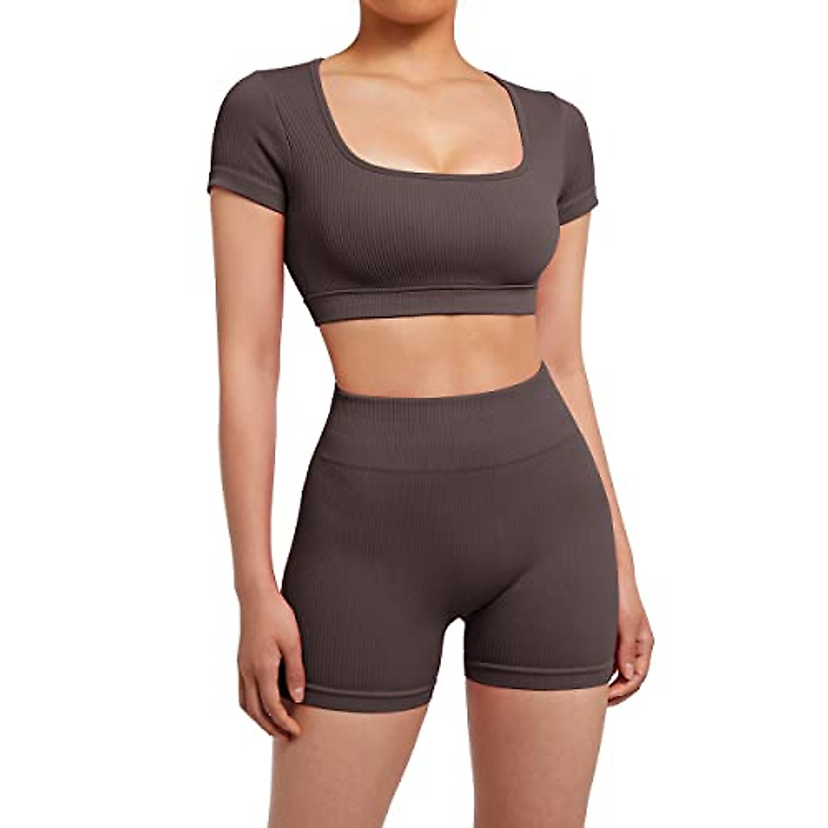 SUUKSESS Open Back Short Sleeve Scrunch Butt Booty Shorts Seamless Ribbed Workout Sets 2 Piece Outfits (#1 Dark Brown, M)