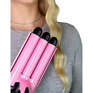 Trademark Beauty Three Barrel Hair Waver, Curling Iron, 1 Inch, Beach Waves, Quick Heat, Babe Waves Original, Adjustable Temperature Hair Curler - Pink