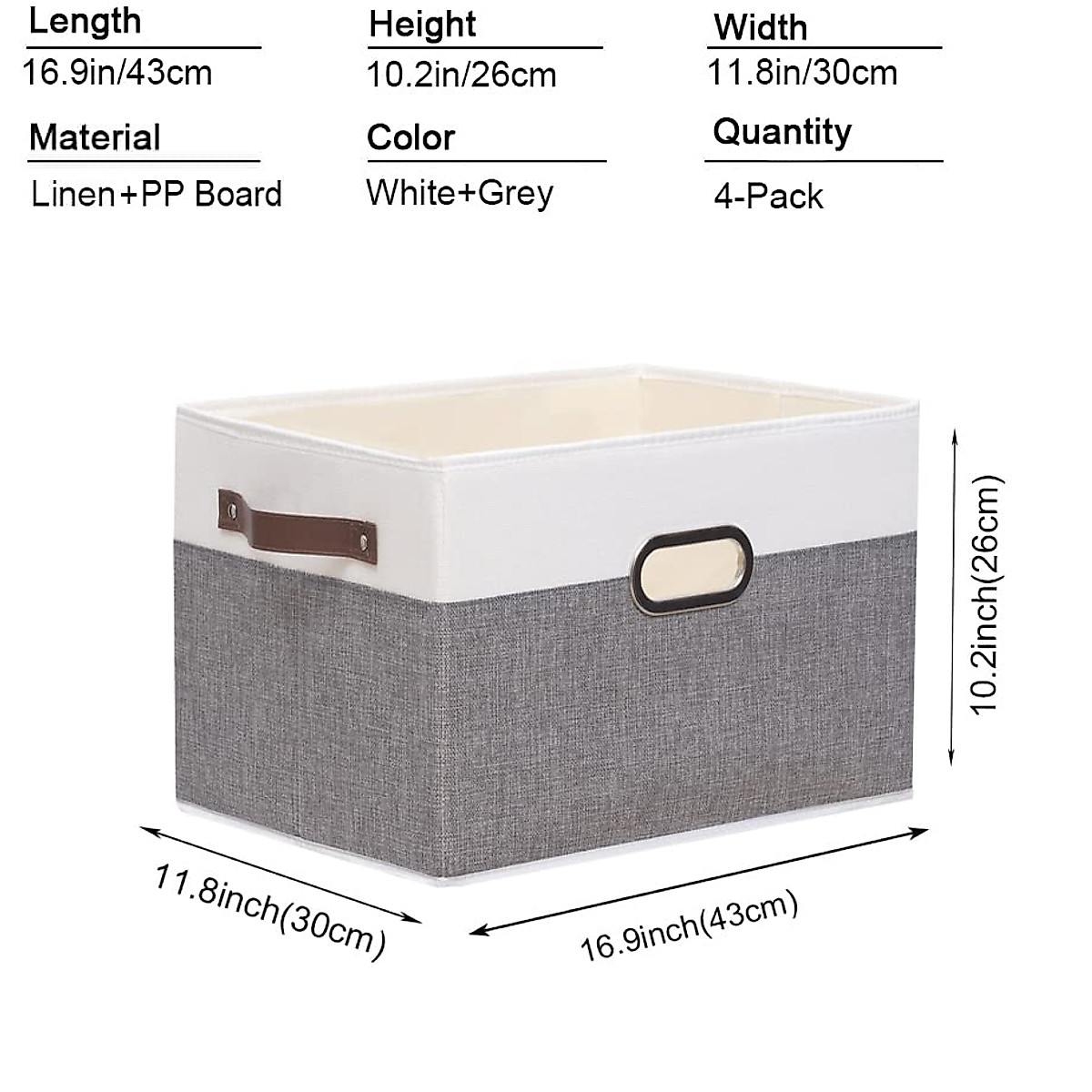 Yawinhe Collapsible Storage Bins, 16.9 x 11.8 x 10.2 Inch, Cube Storage Bins, Fabric Foldable Storage Bins Organizer Containers with Dual Leather Handles for Home Closet Office (White/Grey, 4-Pack)