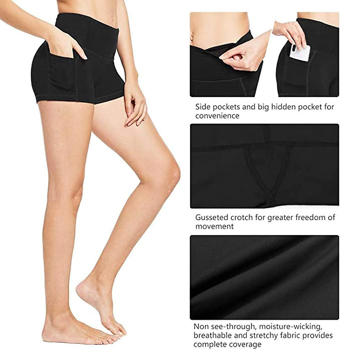 FONMA Women High Waist Shorts Yoga Pants Side Cell Phone Pockets Sports Leggings Pants Black