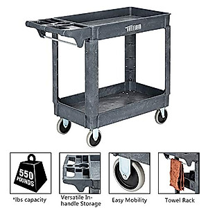 TUFFIOM Plastic Service Utility Cart with Wheels,550lbs Capacity,Heavy Duty Tub Storage Cart W/Deep Shelves, Multipurpose Rolling 2-Tier Mobile Storage Organizer, for Warehouse Garage Industrial Cart