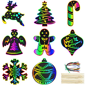 48 Pcs Christmas Scratch Art for Kids, Snowman Elk Rainbow Scratch Paper Angel Bell Christmas Crafts for Kids Christmas Party Favors Supplies Gifts DIY Decoration