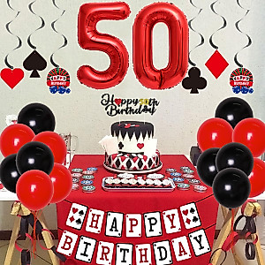 Casino 50th Birthday Party Decorations, Number 50 Balloon, Happy Birthday Banner and Cake Topper, Hanging Swirls for Adults Casino Night, Poker Theme Party Supplies