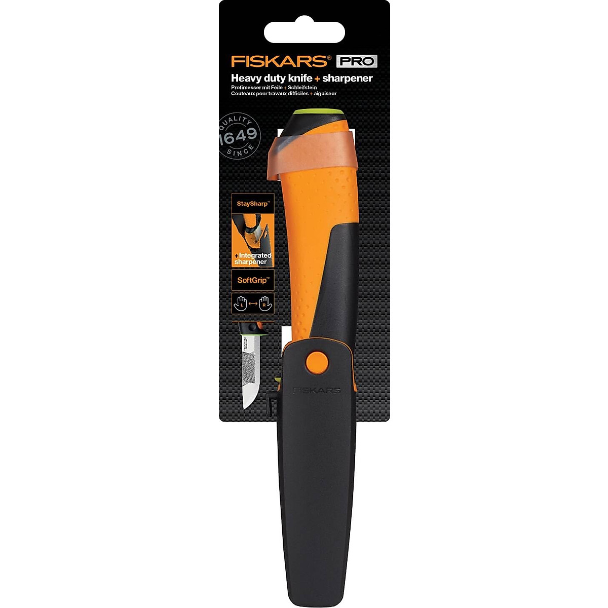 Fiskars Knife including Holster with Integrated Knife Sharpener, Total length: 21.9 cm, Black/orange/green, 1023619, Standard