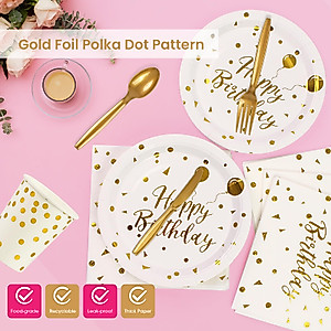 168PCS Happy Birthday White and Gold Party Supplies,Disposable Party Decorations Paper Plates Napkins Cups Plastic Forks Knives Spoons for Birthday Graduation Bridal Shower-24 Guests