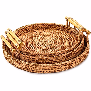 Dicunoy 3 Pack Rattan Basket Tray, Round Wicker Serving Baskets with Handles for Bread, Coffee Table, Decorative Woven Serving Tray for Vegetable, Snack (10", 9", 8")