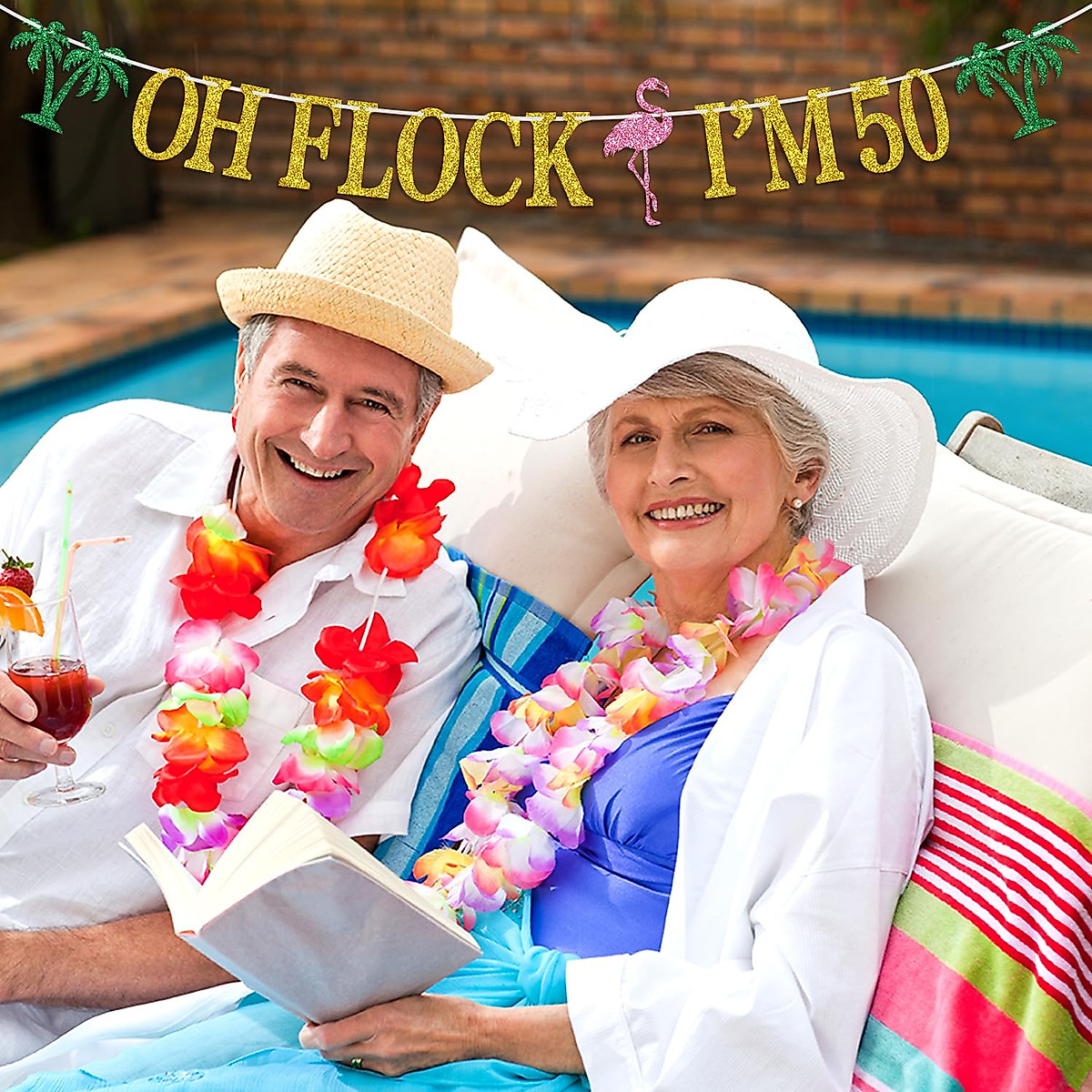 Oh Flock I'm 50 Banner, Glitter Happy 50th Birthday Anniversary Party Decorations, Pineapple Party Decor, Hawaiian Luau Tropical Aloha 50 Theme Party Photo Props