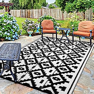 Loninak Outdoor Rug Carpet, Plastic Straw Rug, Waterproof Outdoor Rugs, Patio Rug for RV, Trailer, Beach Camping, Backyard, Deck, 4 Stakes and Carry Bag Included, 5' x 8'