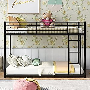 Twin Over Twin Metal Bunk Bed Frame with Safety Guard Rail and Ladder, Space-Saving, No Box Spring Needed, Noise Free (Black)