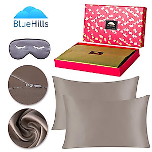 BlueHills Luxury Gift Set - 100% Pure Mulberry Natural Soft Both Sides Silk Pillowcase 2 Pack for Hair and Skin Hidden Zipper & 1 Pure Silk Eye Mask Gift Box 3 Piece Set Taupe Color Standard S023