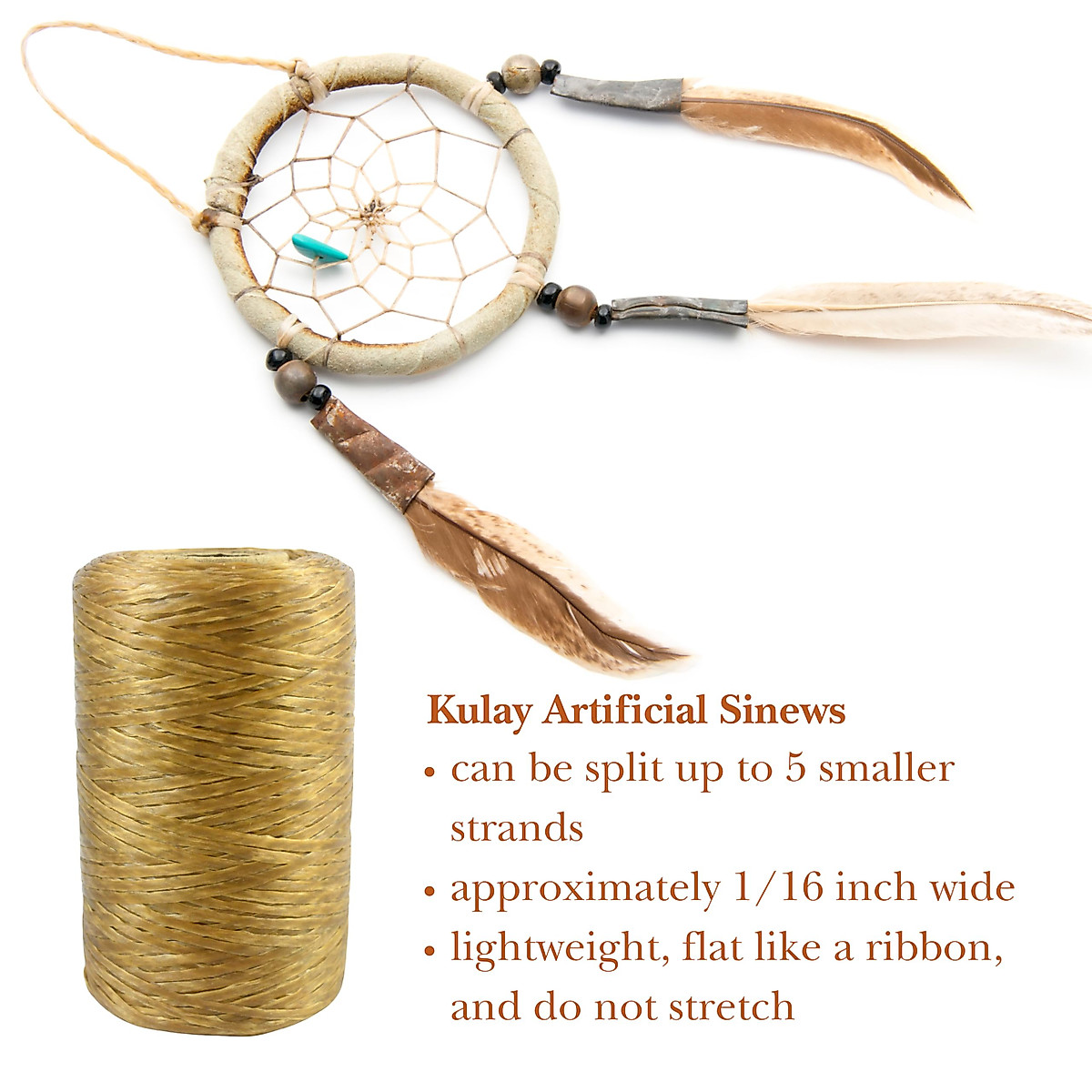 Kulay Artificial Deer Sinew Natural Waxed Flat Polyester Thread for Beading, Leather, Tie-dye Crafts and Sewing, Natural Sinue (5-Ply, 300 Yards or 900 Feet)