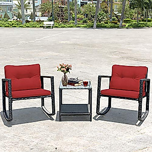 DORTALA 3 Pieces Patio Furniture Set, Rattan Rocking Chair and Glass Coffee Table for Backyard PoolsideOutdoor Wicker Conversation Set w/Cushioned Seat, Set of 3 Patio Bistro Set, Burgundy