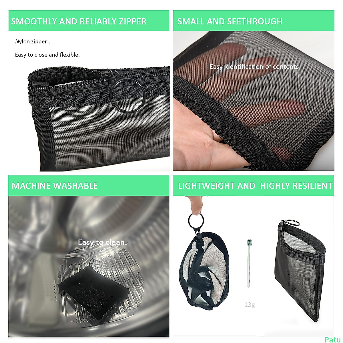 Patu Mini Zipper Mesh Bags, 4" x 5", Size S / A7, 5 Pieces, Beauty Makeup Lipstick Cosmetic Accessories Organizer, Small Travel Kit Storage Pouch, Black