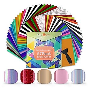 HTVRONT Permanent Vinyl for Cricut Machine-57 Pack 12" x 12" Permanent Vinyl Bundle, 52 Adhesive Vinyl Sheets & 5 Transfer Tape for Vinyl Permanent