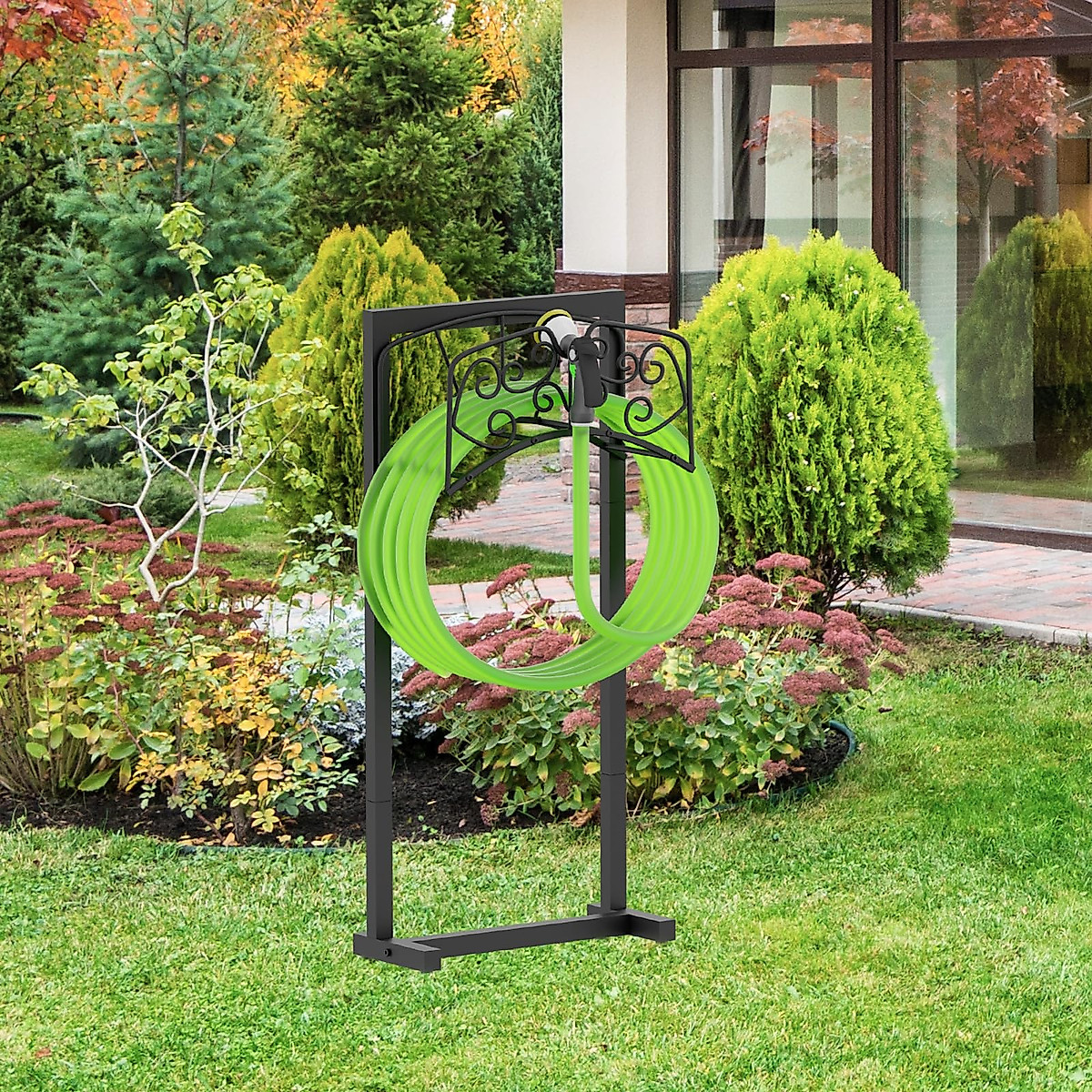 JessYo Garden Hose Holder Stand Water Hose Caddy with 4 Spikes, Freestanding Heavy Duty Metal Hose Storage Holds 150-feet Hose, Outdoor Hose Rack Hose Hangers for Outside Yard Lawn, Black