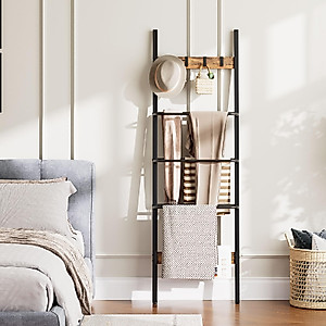 YATINEY Blanket Ladder, 5-Tier Towel Rack with 4 Removable Hooks, Wall-Leaning Blanket Holder, Decorative Display Ladder Shelf, Industrial, for Living Room, Rustic Brown and Black CJ01BR