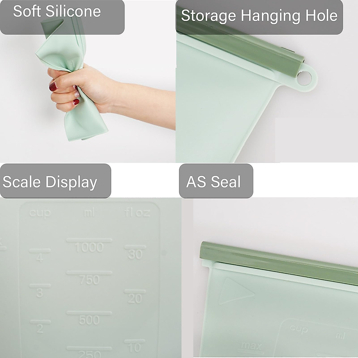 WanLann Reusable Silicone Ziplock Bags -Large Capacity Silicone Ziplock Bag 34OZ Convenient Storage and Microwave Safe (White)