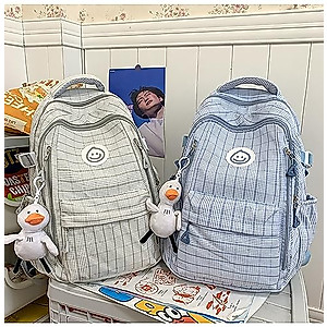 Qyrno Plaid Backpack Kawaii Backpack with Cute Accessories Cute Backpack Aesthetic Backpack DIY Backpack (5-Grey)