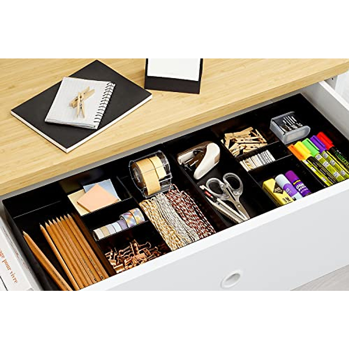 CAXXA 2 Pack 3 Slot Drawer Organizer with Two Adjustable Dividers - Junk Drawer Storage for Office Desk Supplies and Accessories, Black (2 Pack)