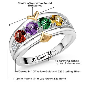 Gem Stone King 925 Sterling Silver and 10K Yellow Gold Engraving Customized and Personalized Build Your Own 4-Stone 4MM Round Birthstones and White G-H Lab Grown Diamond Band Ring For Women (Size 8)