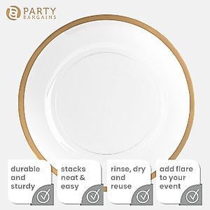 PARTY BARGAINS 13-Inch Charger Plates - 16 Pack, Clear Gold Rim, Heavy-Duty Disposable Chargers for Elegant Dining - Ideal for Weddings and Formal Events