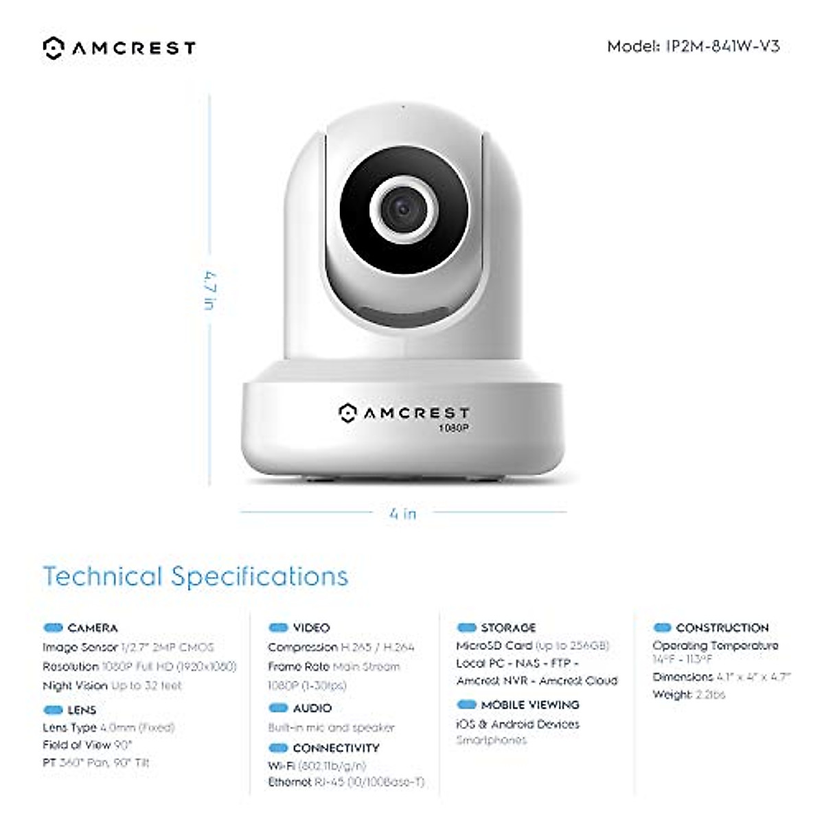 Amcrest 1080P WiFi Security Camera 2MP Indoor Pan/Tilt Wireless IP Camera, IP2M-841W (White)