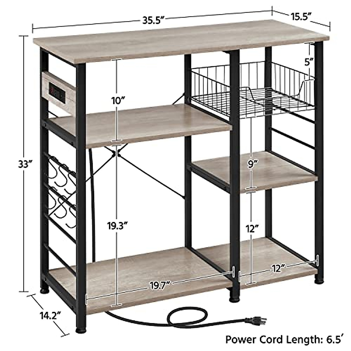 Yaheetech Baker's Rack with Power Outlet, 4-Tier Coffee Bar Station Microwave Stand with Wire Basket and 6 S-Shaped Hooks, Durable Kitchen Storage Shelf Ample Cart, Gray