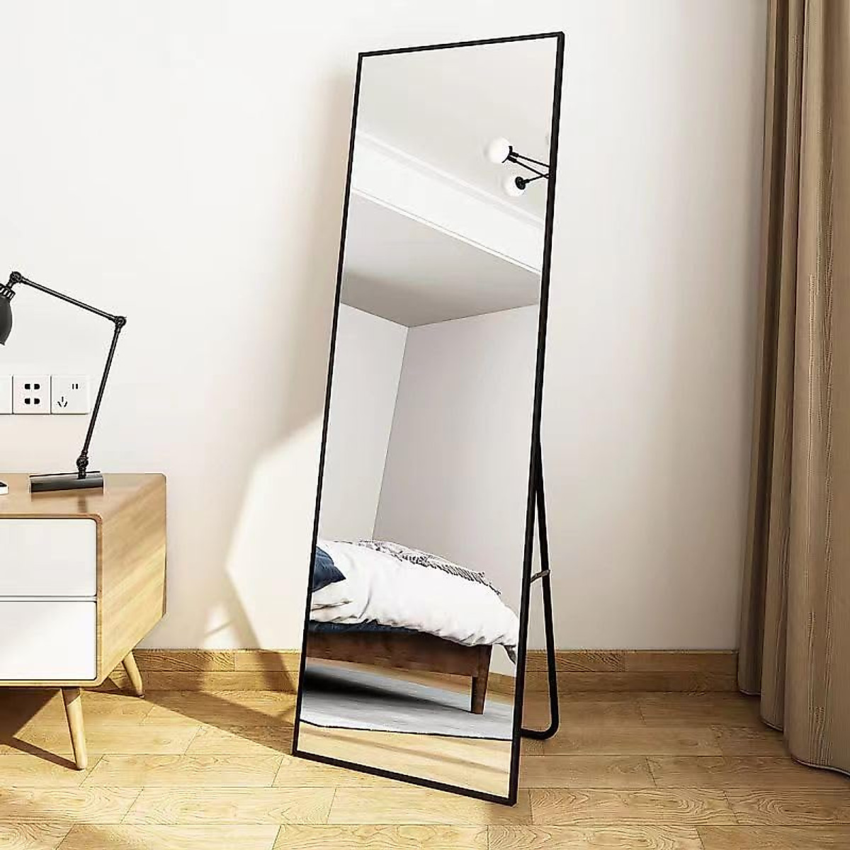 Yone jx je Rectangular Full Length Mirror,Big Free Standing Body Mirror,Floor Length Mirror with Stand,Anti-Rust Solid Wood Frame, Long Wall Mirror for Bedroom (Black+Mirror(65" x 23")