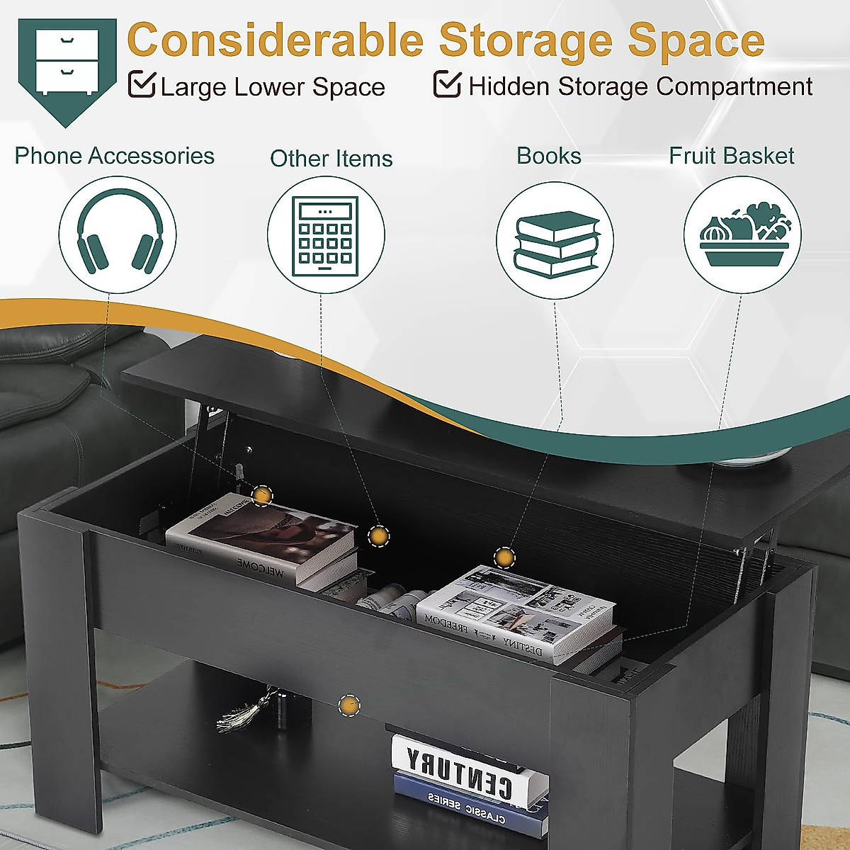 PayLessHere Coffee Table Lift Top Coffee Tables with Hidden Compartment and Storage Shelf Wooden Lift Tabletop Dining Table for Living Room Home (Black, 39" D x 28" W x 24" H)