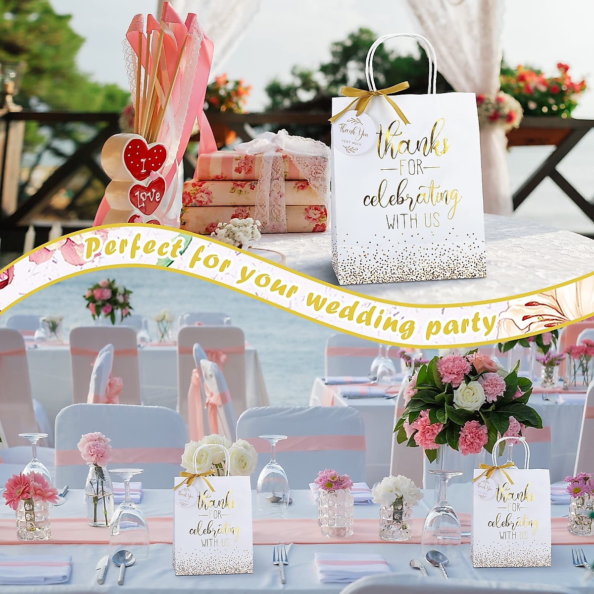 Queekay 36 Pcs Wedding Gift Bags Large Wedding Welcome Bags with 36 Gift Tags Party Favor Bags Bridal Gift Bags Burlap Bags with Handles for Guests Wedding Birthday Baby Shower Party Favors(Classic)