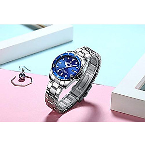 MASTOP Couple Watches Classic Golden Stainless Steel Watch His and Hers Waterproof Quartz Watch (Silver Blue)