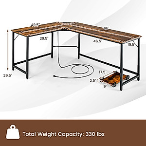 COSTWAY L-Shaped Desk with CPU Stand, 66 Inch Wooden Top Space-saving Corner Desk w/Metal Frame, Large Computer Gaming PC Desk, Writing Table Study Desk for Bedroom, Study, Office (Rustic Brown)