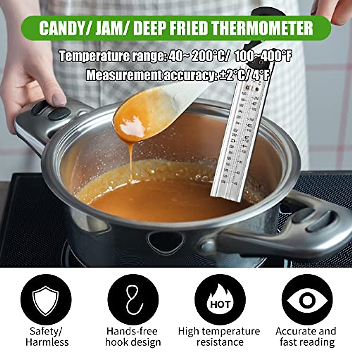 2 Pcs Candy Thermometer with Pot Clip, Stainless Steel Sugar Syrup Jam Jelly Oil Deep Fry Thermometer with Hanging Hole, Classic Kitchen Cooking Thermometer Confection Glass Thermometer for Food