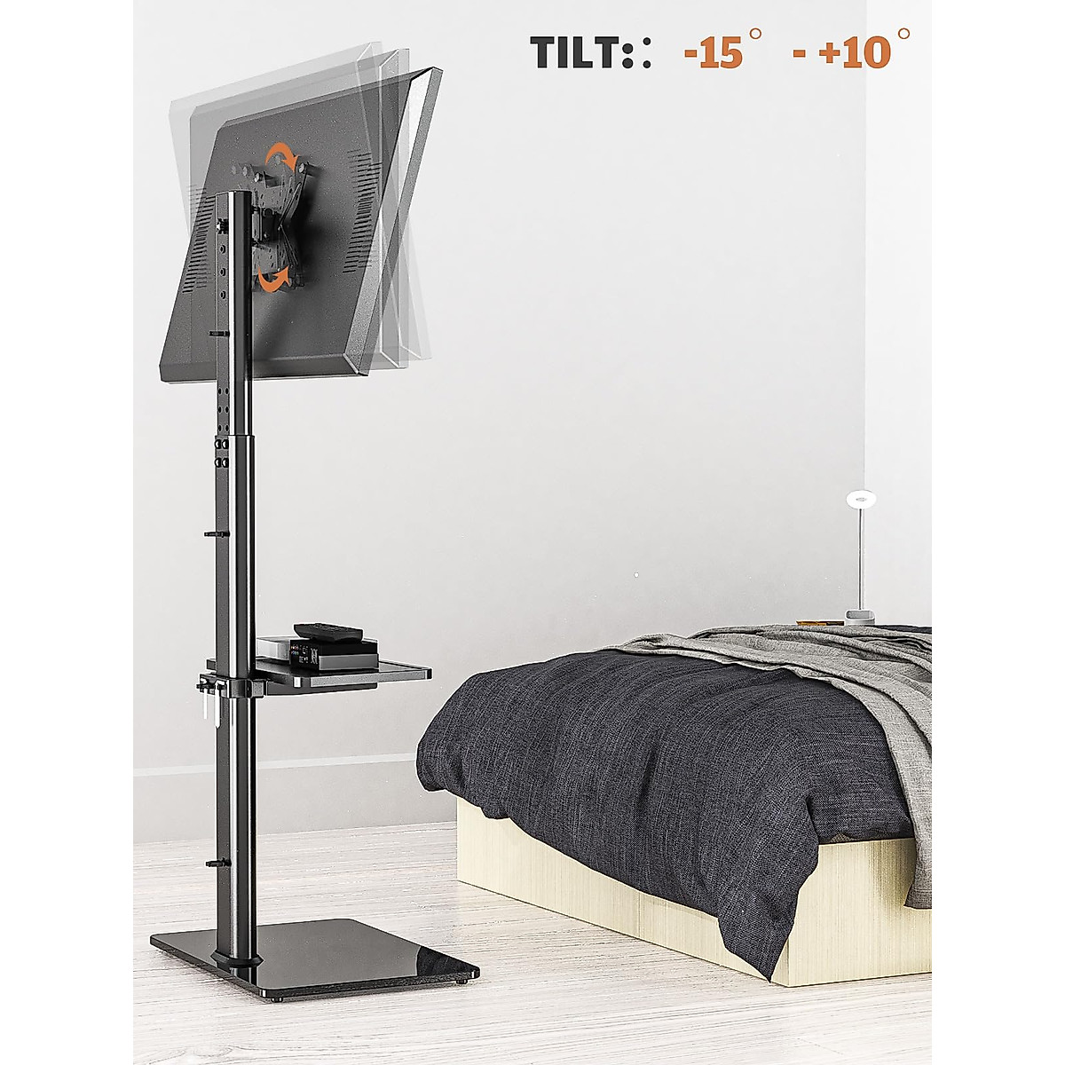 Universal Floor TV Stand with Mount for 19 to 43 inch Flat Screen TV, 100 Degree Swivel,Adjustable Height and Tilt Function, 2 Shelves Space Saving Standing TV Mount for Bedroom Living Room Corner