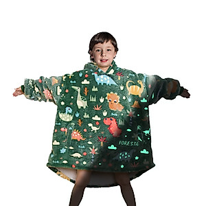 FORESTAR Glow in the Dark Wearable Blanket, Christmas Birthday Gifts for Kids Girls Boys 4-10 YR, Thickened Warm Oversized Sherpa Hoodie with Pockets, Dino