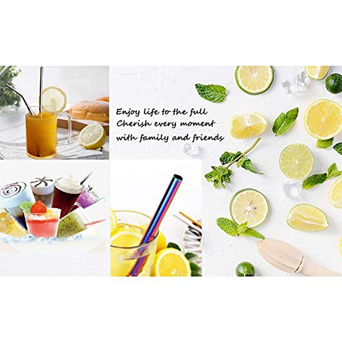 Stainless Steel Straws 10 Pieces Variety 8.5inch Reusable Drinking Straws with Wide Rainbow Smoothie Straw for 20oz Tumblers（6 Straight 4 Bent 2 Brushes)