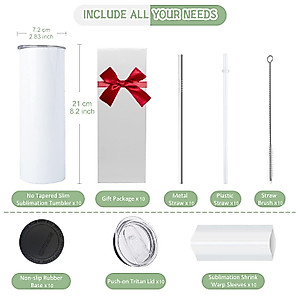 Kocdam 10 Pack 20oz Sublimation Tumblers Blanks Products, Stainless Steel Double Wall Sublimation Tumbler with Lid and Straw, Polymer Coating for Heat Transfer Customized Gifts